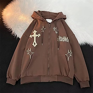 Ponitrack Unisex Zip Up Hoodies Y2k Flame Print Aesthetic Oversized Sweatshirt Vintage Graphic Jackets Streetwear (Brown,L,Large)