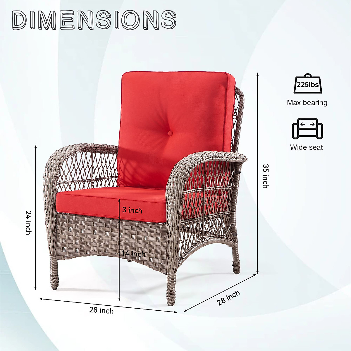 MeetLeisure Wicker Patio Chairs Set of 2 - Outdoor Rattan Chairs with Handmade PE Wicker & Olefin Fabric Cushions, Patio Rattan Chairs Suitable for Lawn Porch and Deck(Mixed Grey/Red)