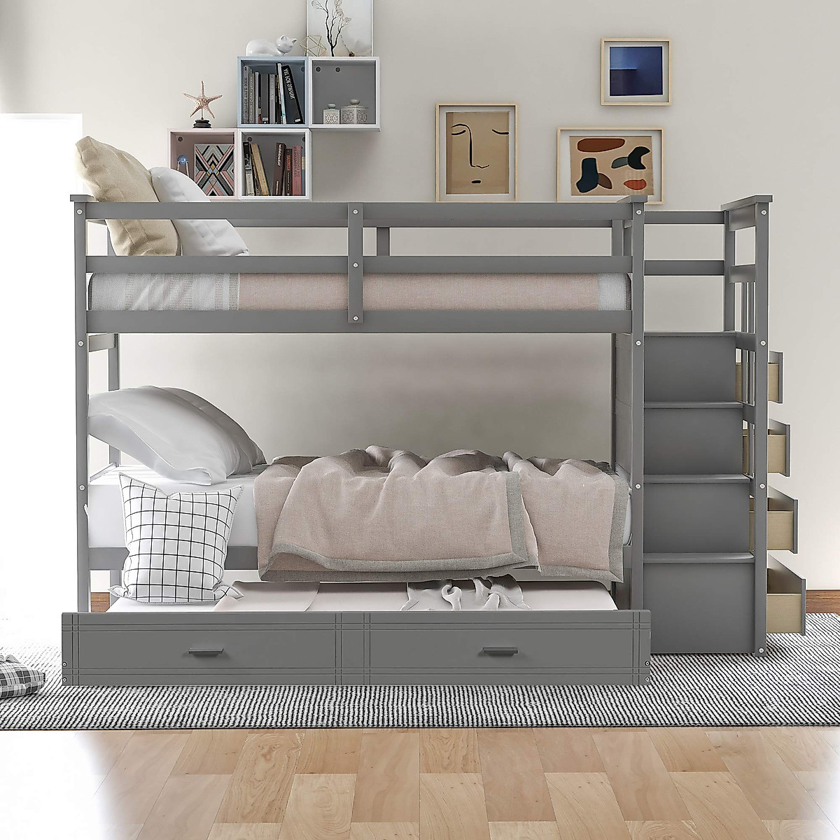 P PURLOVE Twin Over Twin Bunk Bed with Twin Size Trundle,Wood Bunk Bed Twin Size with Staircase,Kids Bunk Bed with Storage Drawers for Boys Girls Teens