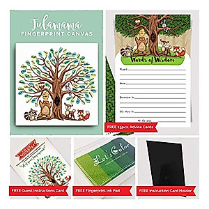 Fingerprint Tree Canvas - The Alternative to A Baby Shower Guest Book - with 25 Complimentary Good Advice Cards & Ink, Woodland