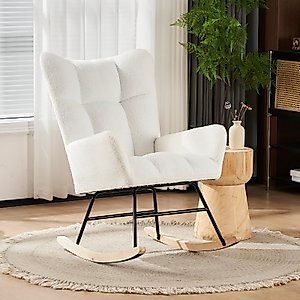 Nolohoo Rocking Chair Nursery, Teddy Upholstered Nursery Rocker Rocking Accent Chair with High Backrest Armrest for Mom, Baby, Bedroom and Living Room, White Teddy
