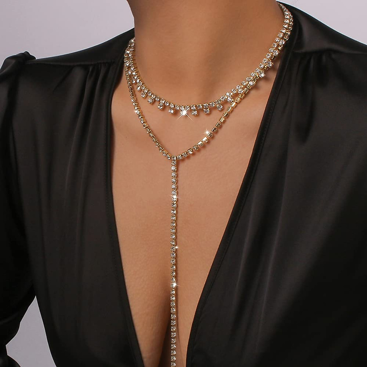 Missgrace 2 Tier Sexy Bar Nightclubs Necklaces Gold Y Long Rhinestones Love Choker Necklace Sparkly Jewerly Wedding Party Prom Bar Necklace Accessories for Women (Gold)