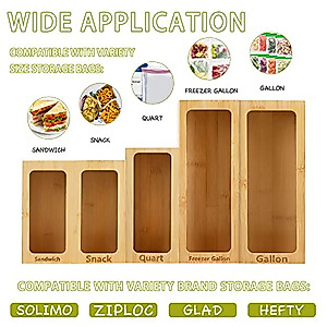 LIBWYS Bamboo Storage Bag Organizer Compatible with Ziploc, Solimo, Glad, Hefty for Gallon, Quart, Sandwich, Snack & Freezer Gallon Variety Size Bag Holder Kitchen Drawer Dispenser