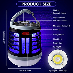 2 Pack 3 in 1 Bug Zapper USB Rechargeable Mosquito Killer Portable Waterproof Mosquito Repellent Outdoor Indoor LED Lantern Bug Zapper Camp Light SOS Emergency Light for Home, Backyard, Patio (Black)