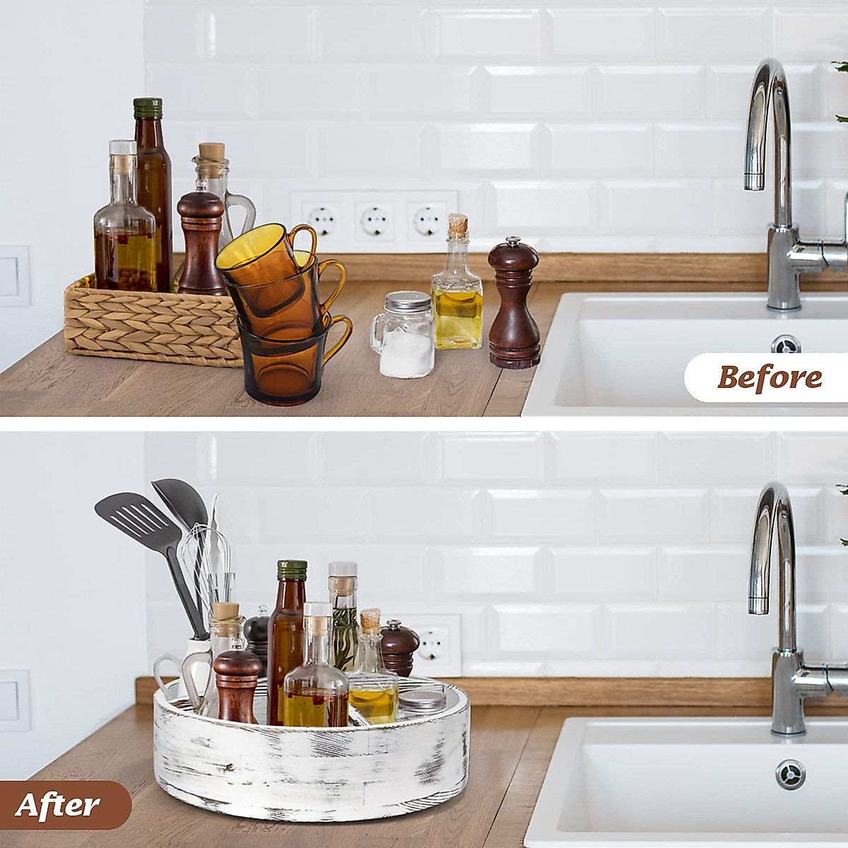 FTUREERA Lazy Susan Organizer, 12 Inch Rustic Wood Lazy Susan Turntable with Removable Dividers for Table, Cabinet, Kitchen Turntable Storage Food Bins Container for Pantry, Counter top