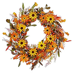 Fall Front Door Wreath,20” Artificial Floral Wreath with Orange Daisies and Foliage,Autumn Wreath with Small Pumpkin and Berry for Home Wall Window and Thanksgiving Decor-Beautiful Gift Box Included