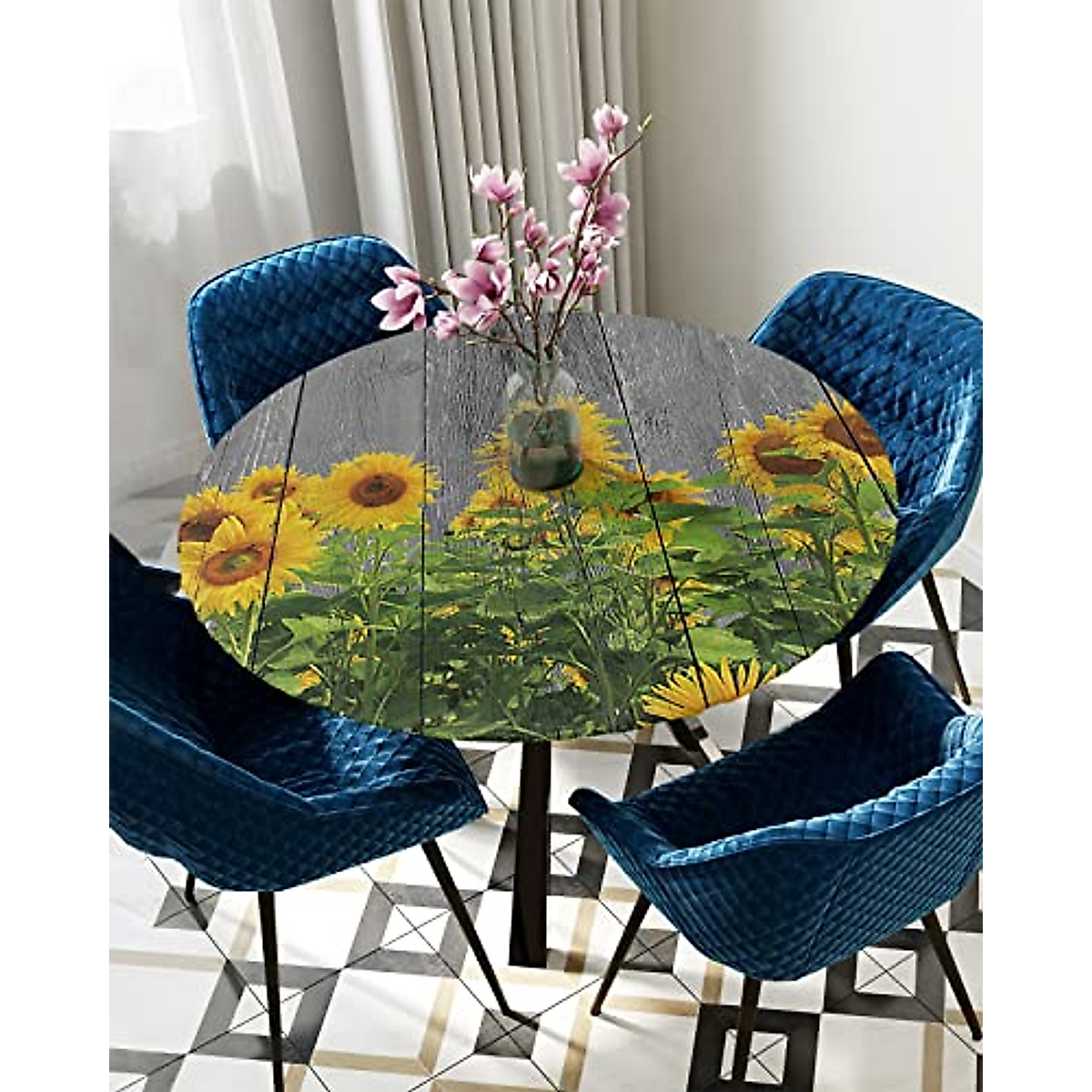 Big buy store Elastic Edged Waterproof Tablecloth Round Sunflower Plant Garden Reusable Wipeable Table Cover Wooden Plank Washable Oil-Proof Fitted Table Cover up up to 55"- 60" Round Tables