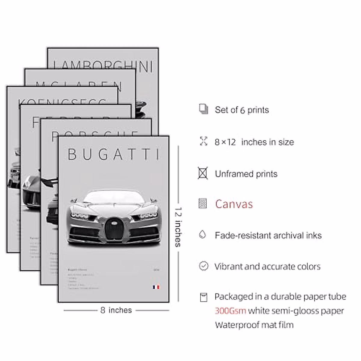 Car Canvas Poster Wall Art, Supercar Art Prints, 6pac/Set (6 Set, 8 x 12 in Unframed)
