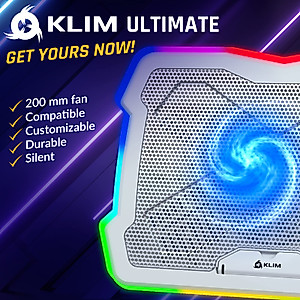 KLIM Ultimate + RGB Laptop Cooling Pad with LED Rim + New 2024 + Gaming Laptop Cooler + USB Powered Fan + Very Stable and Silent Laptop Stand + Compatible up to 17" + PC Mac PS5 PS4 Xbox One - White