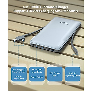 TG90° Portable Charger with Built in Cable, 10000mah Power Bank Type C USB C Cell Phone Thin Slim Lightweight Travel Tiny Charger Backup Battery Pack Compatible with Smartphones and All USB-C Devices