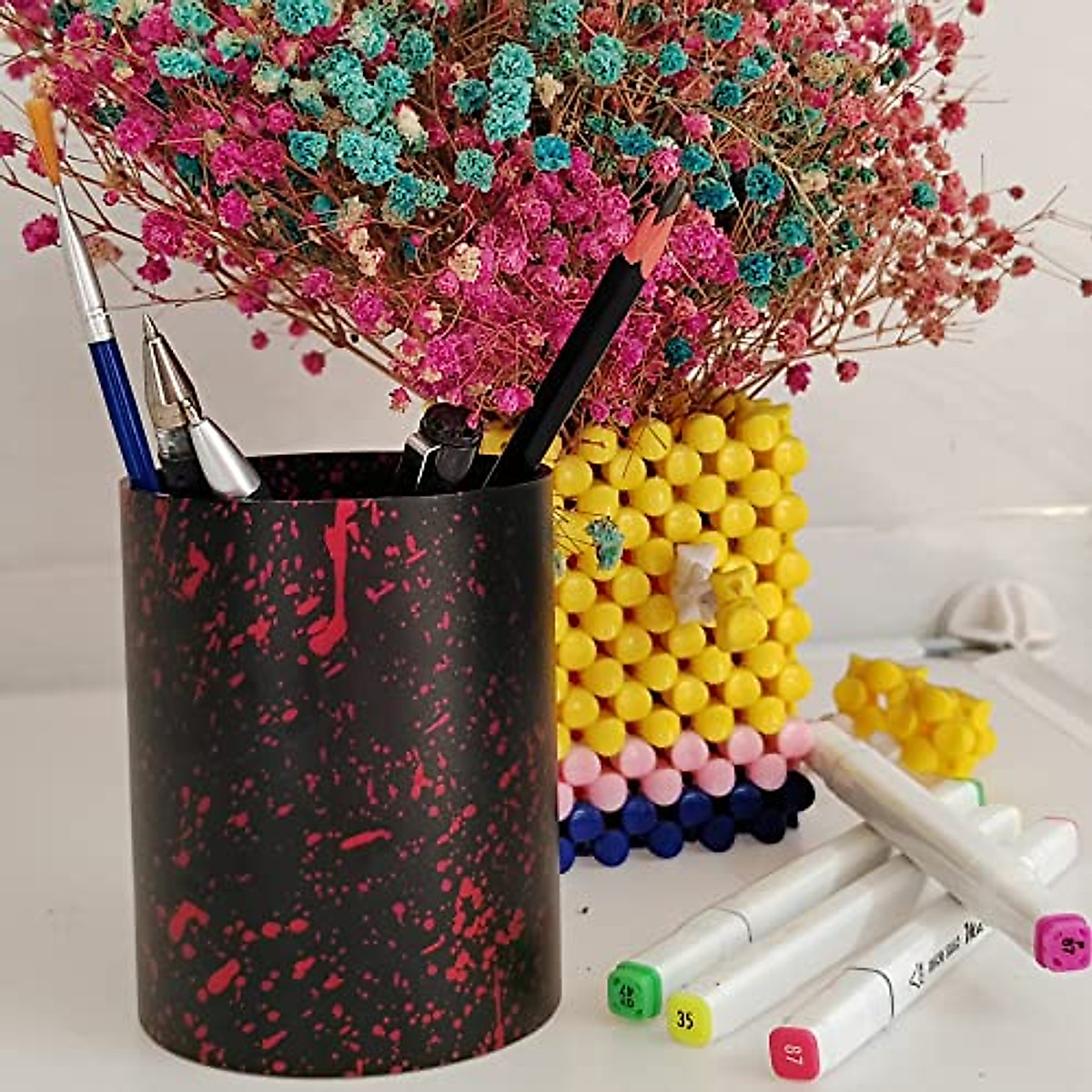 HAODEXING Pen Holder Pencil Holder for Desk, Metal desk pen holder, Makeup Brush Holder, pencil cup, pen organizer for desk, for Office, School, Home (Brown spot)