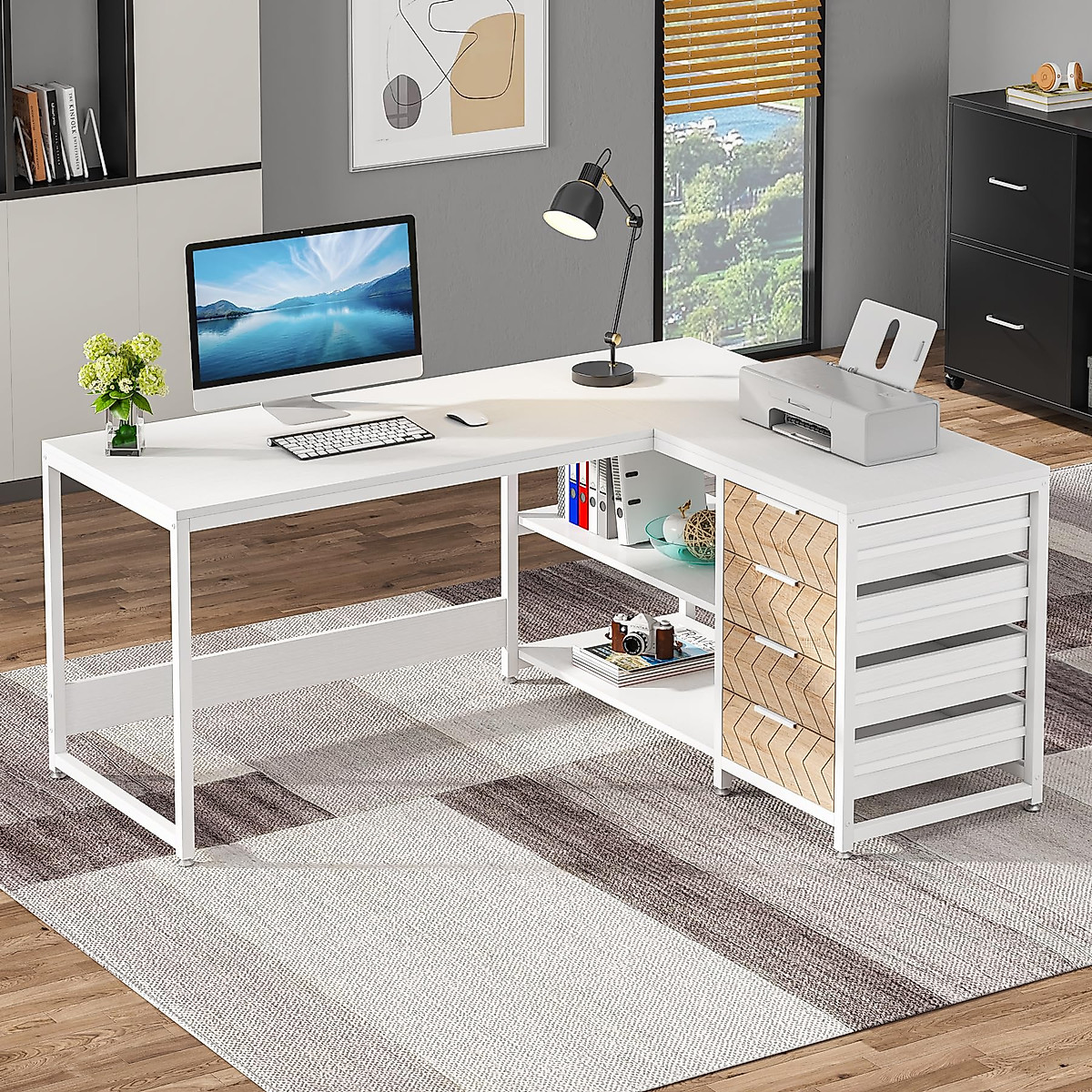 Tribesigns L Shaped Computer Desk with Storage Drawers, 59 inch Corner Desk with Shelves, Reversible L-Shaped Office Desk Study Writing Table Workstation for Home Office, White