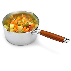 Bene Casa - Aluminum Double Spout Saucepan with Natural Wooden Handle (13" x 3.5" - 2 Quart) - Handle Includes Hanging Loop for Simple Storage - Dishwasher Safe