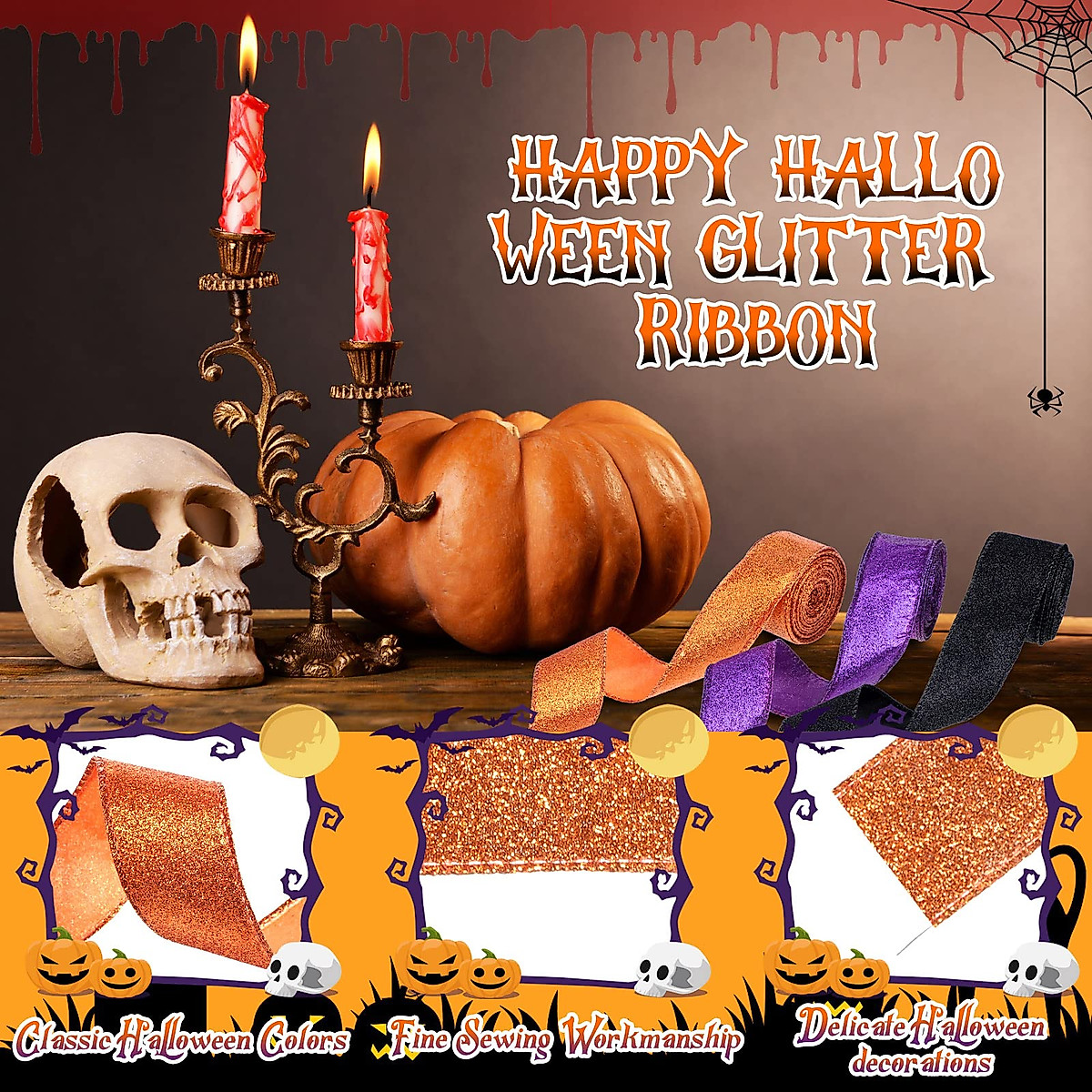 Juinte 3 Roll 30 Yards Christmas Glitter Wired Ribbon Christmas Party Favors Decor Gift Wrapping Ribbon for Craft Headband Bow Decor(1.5 Inch,Black, Orange, Purple)