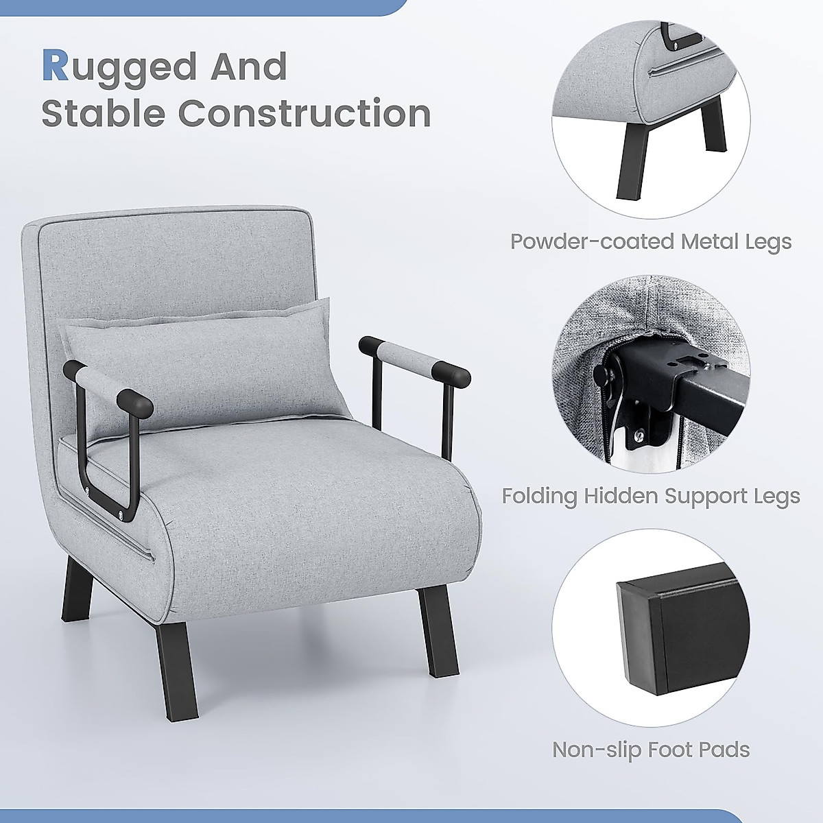 POWERSTONE Convertible Sleeper Chair Bed, 4 in 1 Living Room Reading Chair with Pillow, Arm and Adjustable 5 Position Backrest Single Sofa Bed, Light Grey