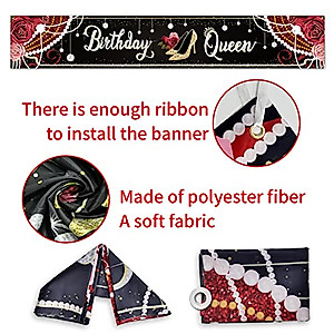 Meltelot Large Red Rose Gold High Heels Happy Banner Red Rose Pearl Shining Lady Queen Women Birthday Party Decorations for Girl Princess 1st Birthday Party Yard Banner for Outdoor Indoor (9.8x1.6ft)