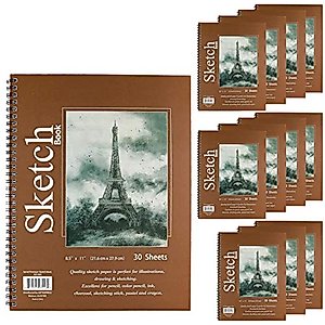 GIFTEXPRESS Pack of 12 Letter Size Sketch Book Bound Spiral Premium Sketch Pads Set, Pencil Sketch Book 30 Sheets Each, 8.5" X 11" Side Wire Bound, White Blank Paper Sheets for Pencil, Ink, Pastel