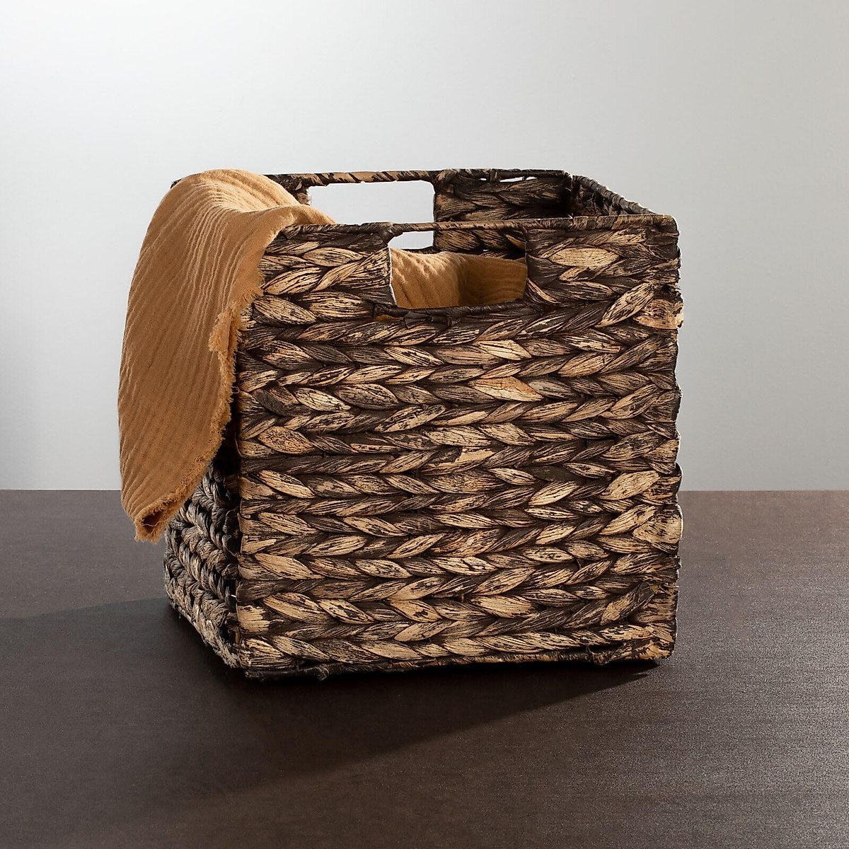 mDesign Natural Woven Hyacinth Cube Organizer Basket with Handles, Storage for Bathroom, Laundry Room Shelf or Nursery - Perfect for Cubby Storage Units - Hold Blankets and Books - 6 Pack, Brown Wash
