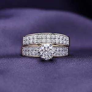 SAVEARTH DIAMONDS Engagement Ring, 7MM Round Cut Lab Created Moissanite Rings, 14K Yellow Gold Plated 925 Sterling Silver Bridal Set Rings for Women (VVS1 Clarity 1.75 Cttw)-8