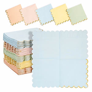 Sparkle and Bash Scalloped Paper Napkins with Gold Foil - Unicorn Party Decorations - Pastel Rainbow Napkins in 5 Colors - 5-Inch Disposable (150 Pack)