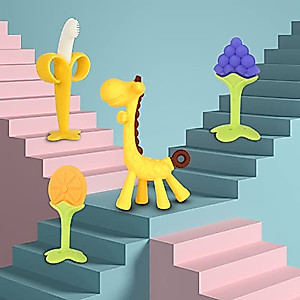 Chuya Teething Toys (4 Pack) for Baby, Silicone Teethers with Banana Baby Toothbrush Teeth Brushing,BPA-Free,Chew Toy Infants Toddlers for Babies 0-6 Months