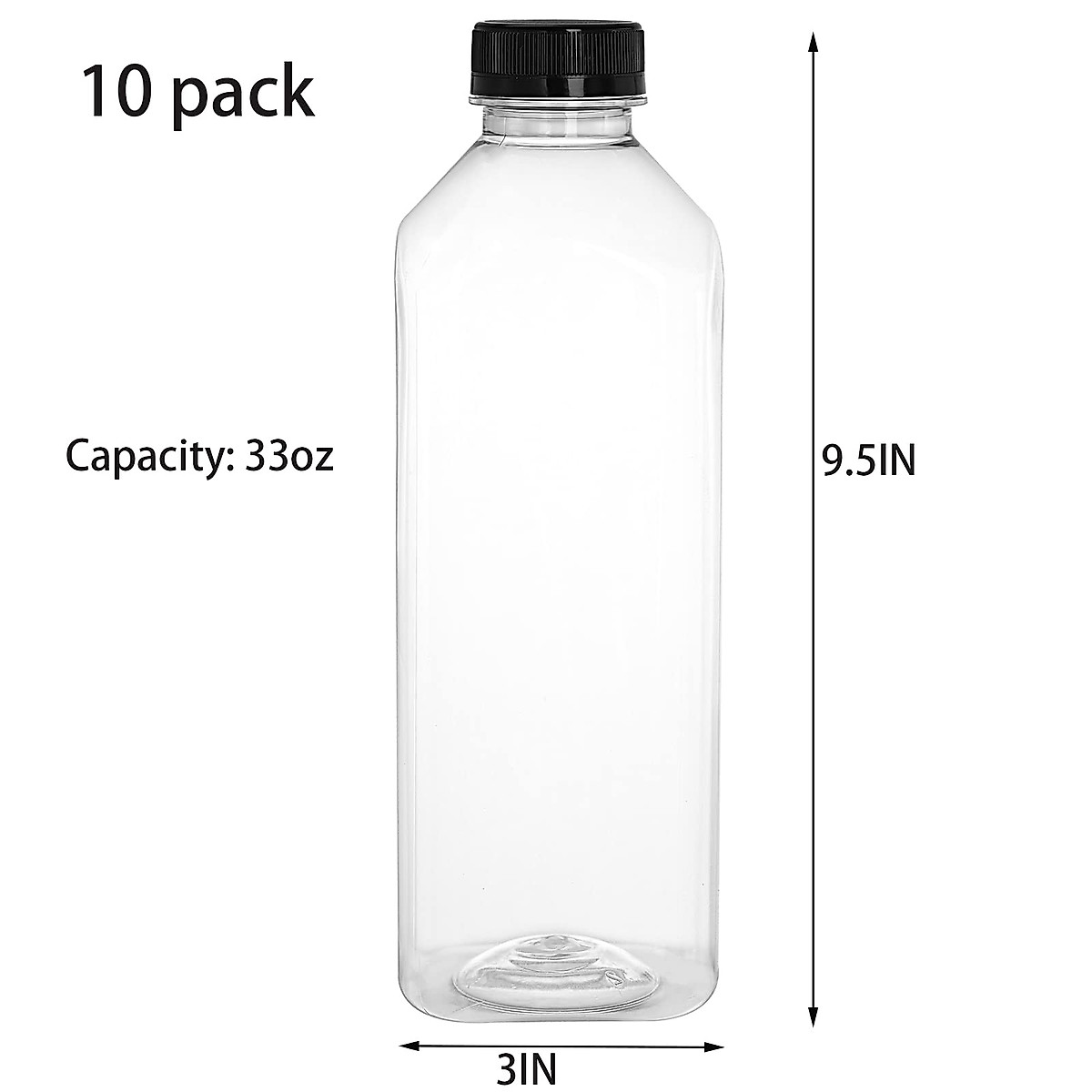 Cedilis 10 Pack 33oz Plastic Juice Bottles with Black Cap, Clear Reusable Containers with Lids, Great Disposable Bottles for Making Juice, Milk, Salad Dressing, Smoothie and Other Beverages