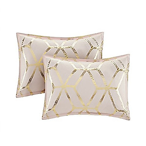 Comfort Spaces Vivian Comforter Set Ultra Soft All Season Lightweight Modern Geometric Glam Metallic Print Bedding, Matching Sham, Decorative Pillow, Full/Queen, Geometric Blush/Gold