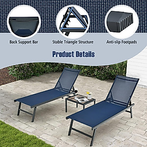 Tangkula 3 Piece Patio Chaise Lounge Set, Aluminum Patio Recliner with Coffee Table, 6-Level Backrest Adjustment, Outdoor Lounge Chair & Side Table Set for Poolside, Backyard (Navy Blue)