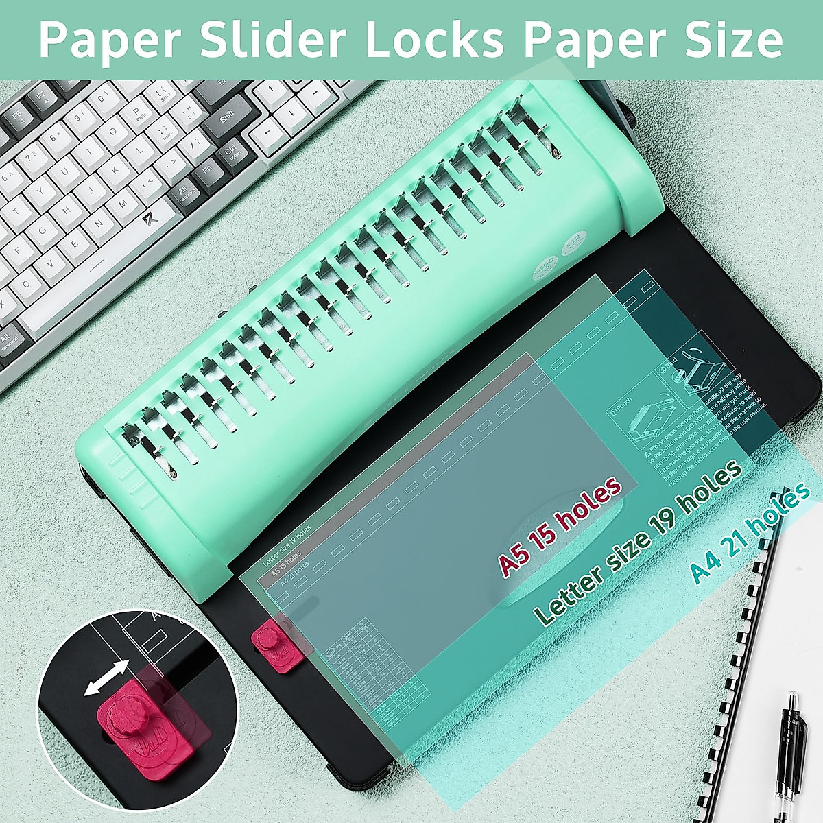 OFFNOVA Binding Machine, 21-Hole 450 Sheets Paper Comb Punch Binder Machine for Letter Size / A4 / A5, Easy to Punch Handle, Adjustable Margin