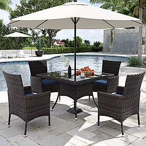 Rwnnad 5-Piece Patio Outdoor Dining Set, Patio Wicker Furniture Dining Sets of 4 Rattan Chairs with Soft Cushions and Square Table with Umbrella Cutout, Navy Blue