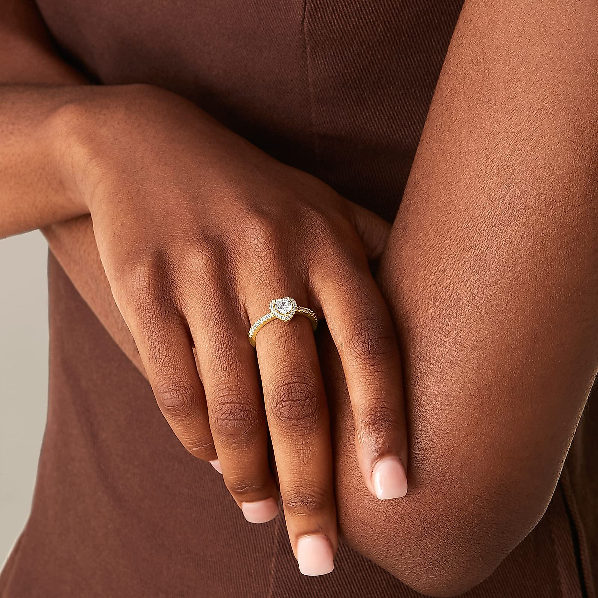 PAVOI 14K Gold Plated Heart Halo Ring for Women | Promise Rings for Her (White Gold, 5)