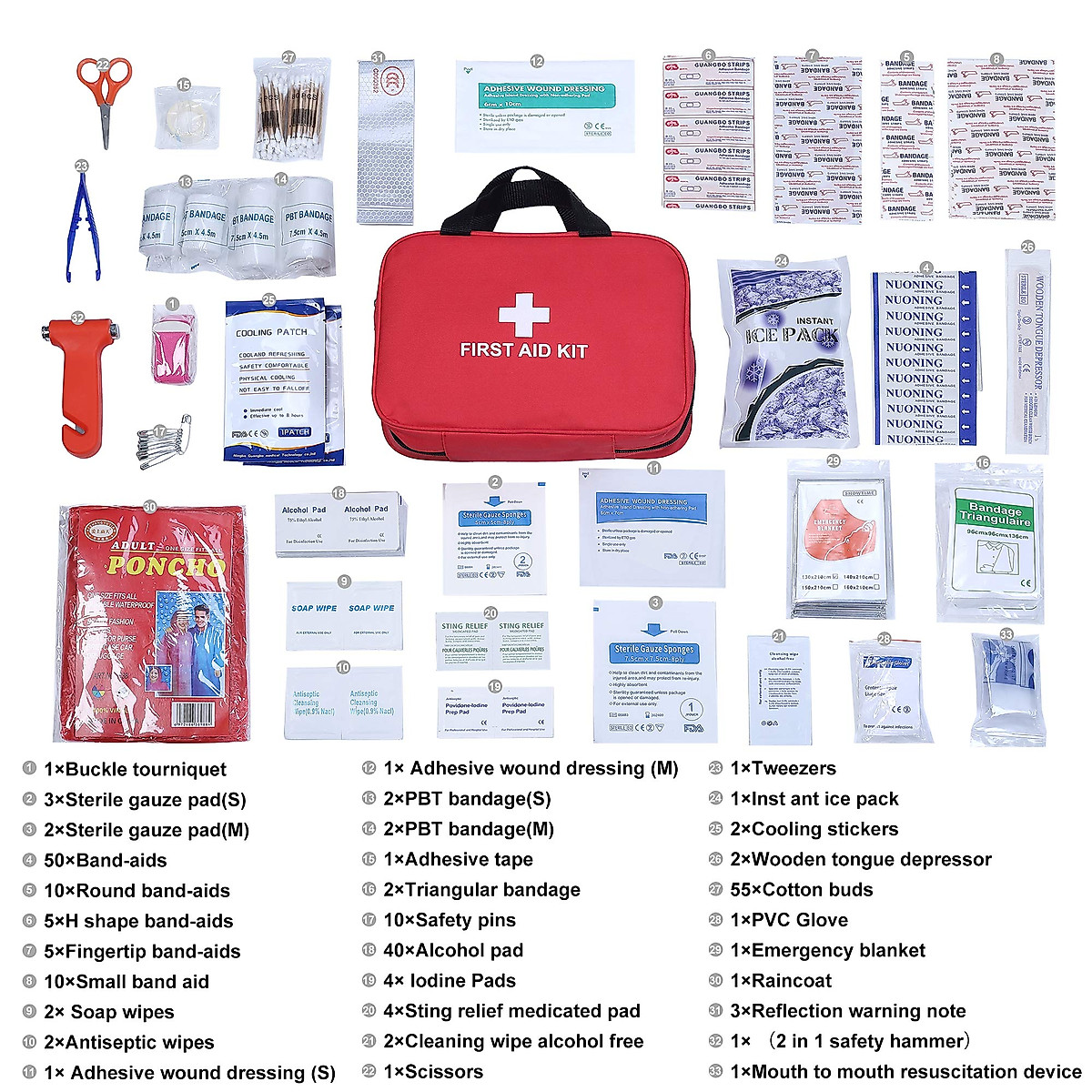 First Aid Kit - 230 Piece - for Car, Home, Travel, Camping, Office or Sports | Red Bag/Reflective Cross, Fully Stocked with Essential Supplies for Emergency and Survival