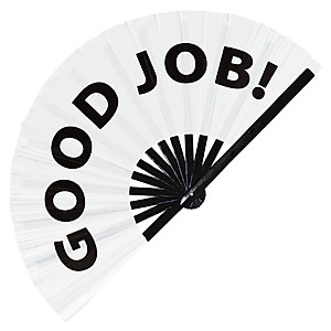 Good job! hand fan foldable bamboo circuit hand fan funny gag slang words expressions statement gifts Festival accessories Rave handheld Circuit event fan Clack fans (White)