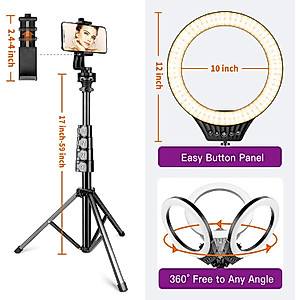 10" Ring Light with Tripod Stand and Phone Holder RGB Selfie Ring Light with 59" Stand & Desk Phone Tripod Stand,8 Dimming Levels,17 Color LED Ring Lights for Phone,Live Stream,Make Up,YouTube,TikTok