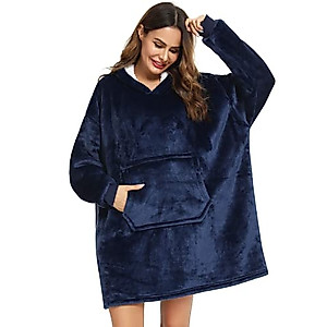 Blanket Hoodie,KJNANAE Oversized Sherpa Blanket Hoodie Dark Blue Sweatshirt for Women Gifts for Mom the Comfy Sweatshirt Blanket Wearable Blanket Oversized Sweatshirt for Women
