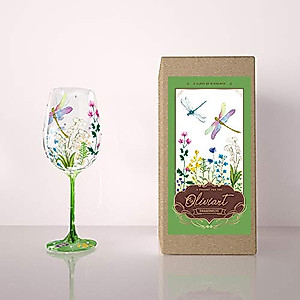 NymphFable Hand Painted Wine Glass Colorful Dragonfly Flower Artisan Painted 15 oz Glass Novelty Gift for Birthdays,Weddings,Valentine's Day