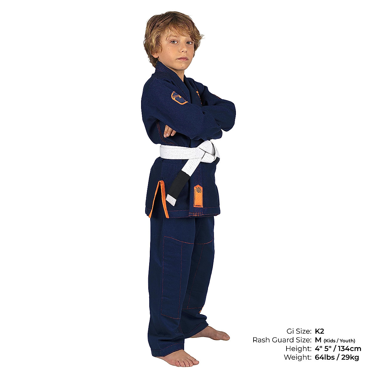 Sanabul Future Legends BJJ Gi for Kids Jiu Jitsu Gi Kimono for Children Youth Preshrunk Fabric & BJJ White Belt Included - Navy/Orange, K4