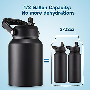 EALGRO Half Gallon Insulated Water Bottle Jug with Straw, 64 oz Large Stainless Steel Sports Metal Water Flask with Handle, Thermal Water Cup Mug with 2 Lids, Black
