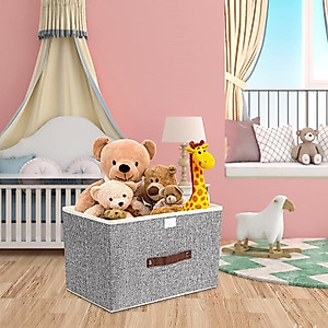 Calonge Storage Bin with Lid Storage Boxes with PU Leather Handles Decorative Foldable Lidded Cotton Linen Fabric Home Container with Flip-Top Lid & Handles, Clothes Blanket Box