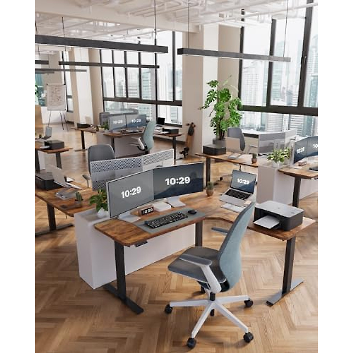 Marsail Corner Stand Up Desk Adjustable Height with 4-in 1 Electical Outlet, L Shaped Electric Standing Desk with Headphone Hook, Stand up Desk for Home Office Sturdy Writing Workstation Rustic