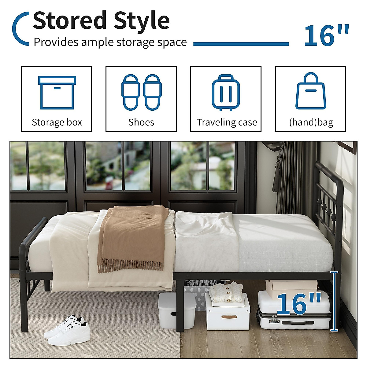 DiaOutro 16 Inch Twin XL Bed Frame with Headboard and Footboard, Classic Metal Platform No Box Spring Needed Heavy Duty Victorian Style Iron-Art Mattress Foundation/Under Bed Storage