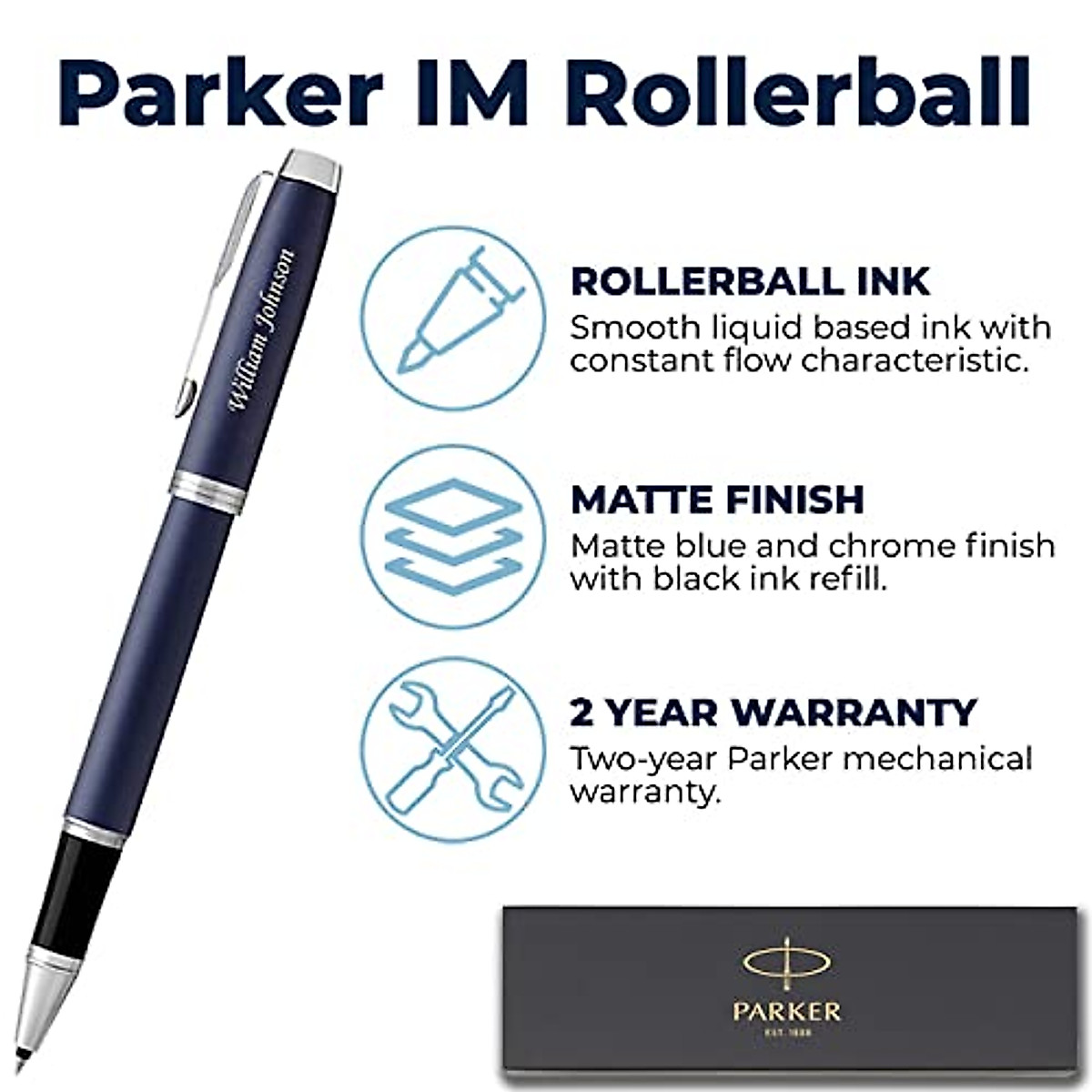 Dayspring Pens Engraved Parker Pen | Personalized PARKER IM Matte Blue Rollerball Gift Pen with Case. Custom Engraved and Shipped in one Business Day Fast.