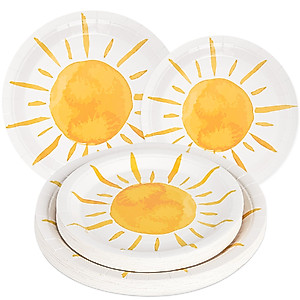 48 Pcs Boho Sun Party Plates First Trip Around The Sun Paper Plates Sunshine Baby Shower Disposable Tableware for Groovy Hippie Birthday Party Decor Supplies