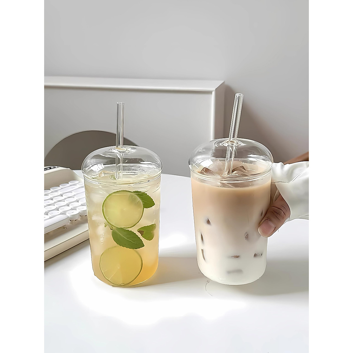 Ework4U 2 Pcs Drinking Glasses with Glass Lids and Glass Straw 16oz Glassware Set,Iced Coffee Glasses,Ideal for Water,Soda,Tea,Gift - with Cleaning Brushe