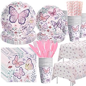 Suhelkit Butterfly Party Decorations Tableware - Butterfly Birthday Party Supplies, Paper Plate, Cup, Napkin, Tablecloth, Disposable Cutlery, Butterfly Baby Shower Decorations For Girl | Serve 24