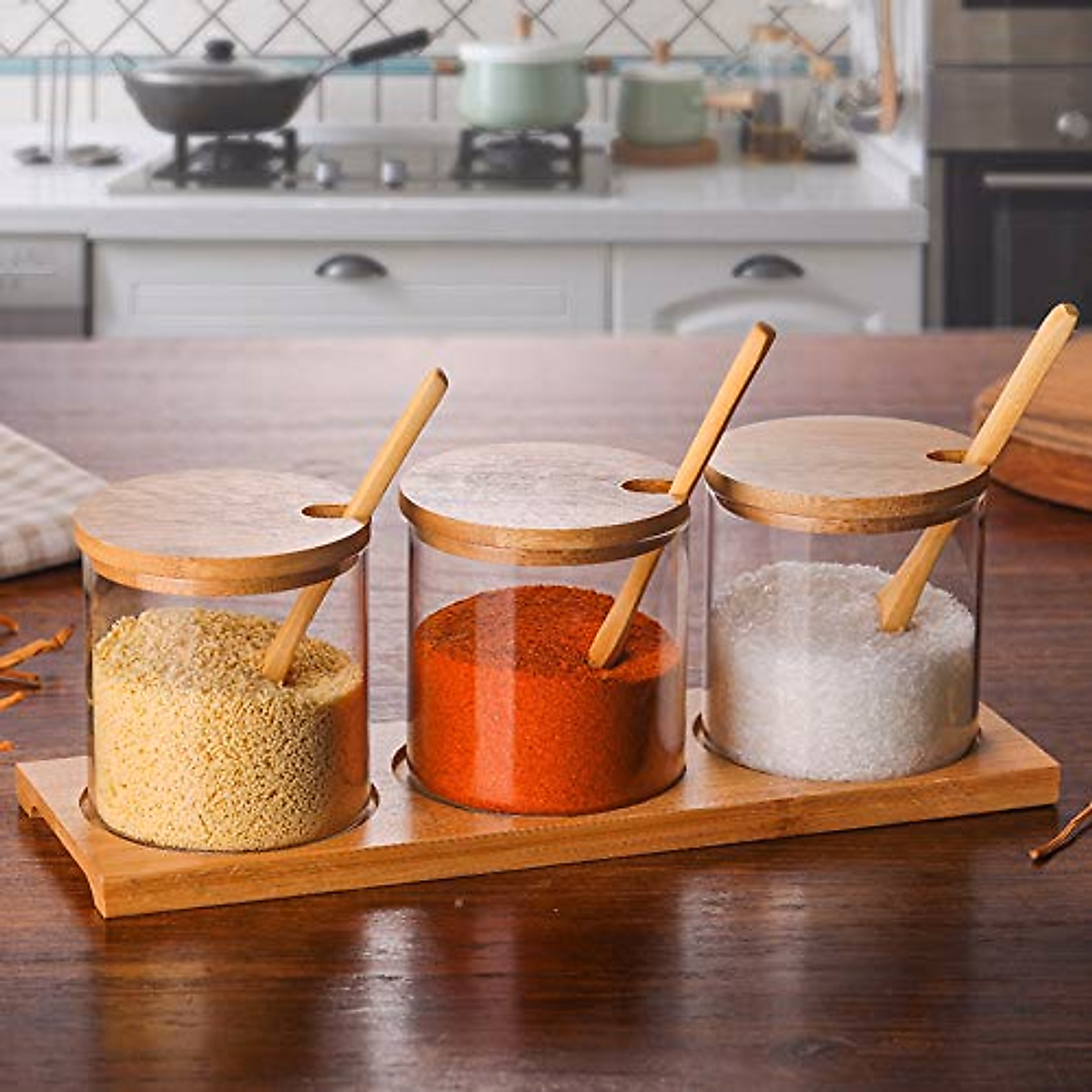 Lawei Set of 3 Condiment Jar with Lids and Spoons - Glass Sugar Bowls Sugar Salt Container Set for Sugar Serving Spice Salt