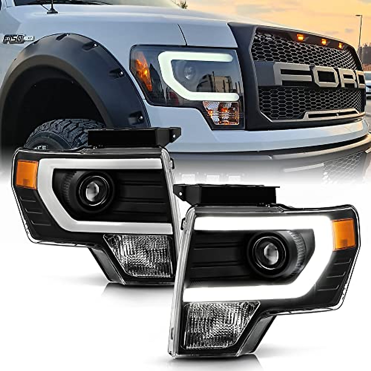 ACANII - For [Halogen Model] 2009-2014 Ford F150 Pickup Black Raptor Style LED Tube Projector Headlights Pair Left+Right