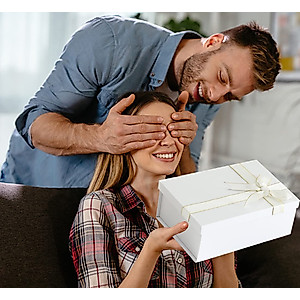 MYGOGOART Large White Gift Box 13 x 10 x 5 Inches with Lid, Ribbon Bow, Shredded Raffia Paper Fill, Greeting Card and Envelope for Wedding Birthday Valentines Bridal Gifts (1 pack, White)