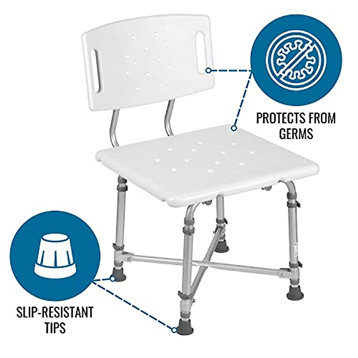 DMI Shower Chair Bath Seat for Tub or Shower Bench for Inside Shower, Made of Aluminum with Plastic Seat, FSA and HSA Eligible, Adjustable Height, Holds Weight Up to 500 Pounds, Bath Chair, White