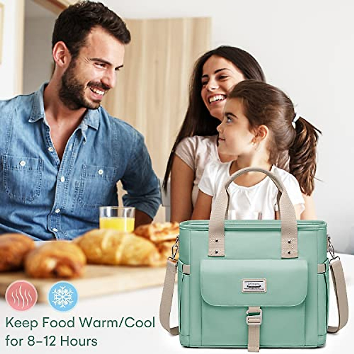 Artelaris Lunch Bag for Men Women, Large Lunch Box Tote for Work, Adult Insulated Leakproof Cooler Bag with Side Pocket & Adjustable Shoulder Strap Lunch Purse,Lunchbag for Picnic Hiking Beach